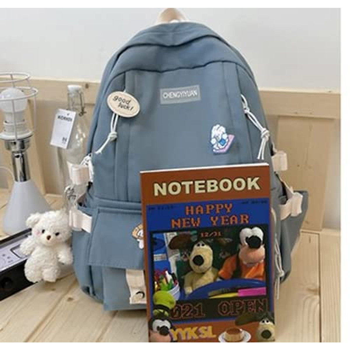 FPlace Laptop Backpack Shoulders Bag Schoolbag Travel Bag for Student Casual Cute Kawaii Y2K With Plush Bear Pendant Gift (Blue)