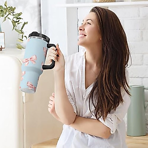 Flradish 30oz Tumbler with Handle, Pink Bows Stainless Steel Tumbler with Lid and Straws Double Wall Vacuum Insulated Leakproof Coffee Travel Mug