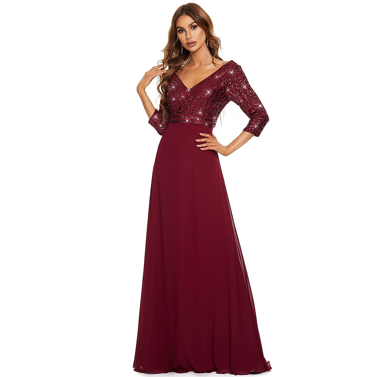 Ever-Pretty Women's Elegant Formal Dress V-Neck Long Sleeve Sequin Maxi Chiffon Evening Dresses Burgundy US04