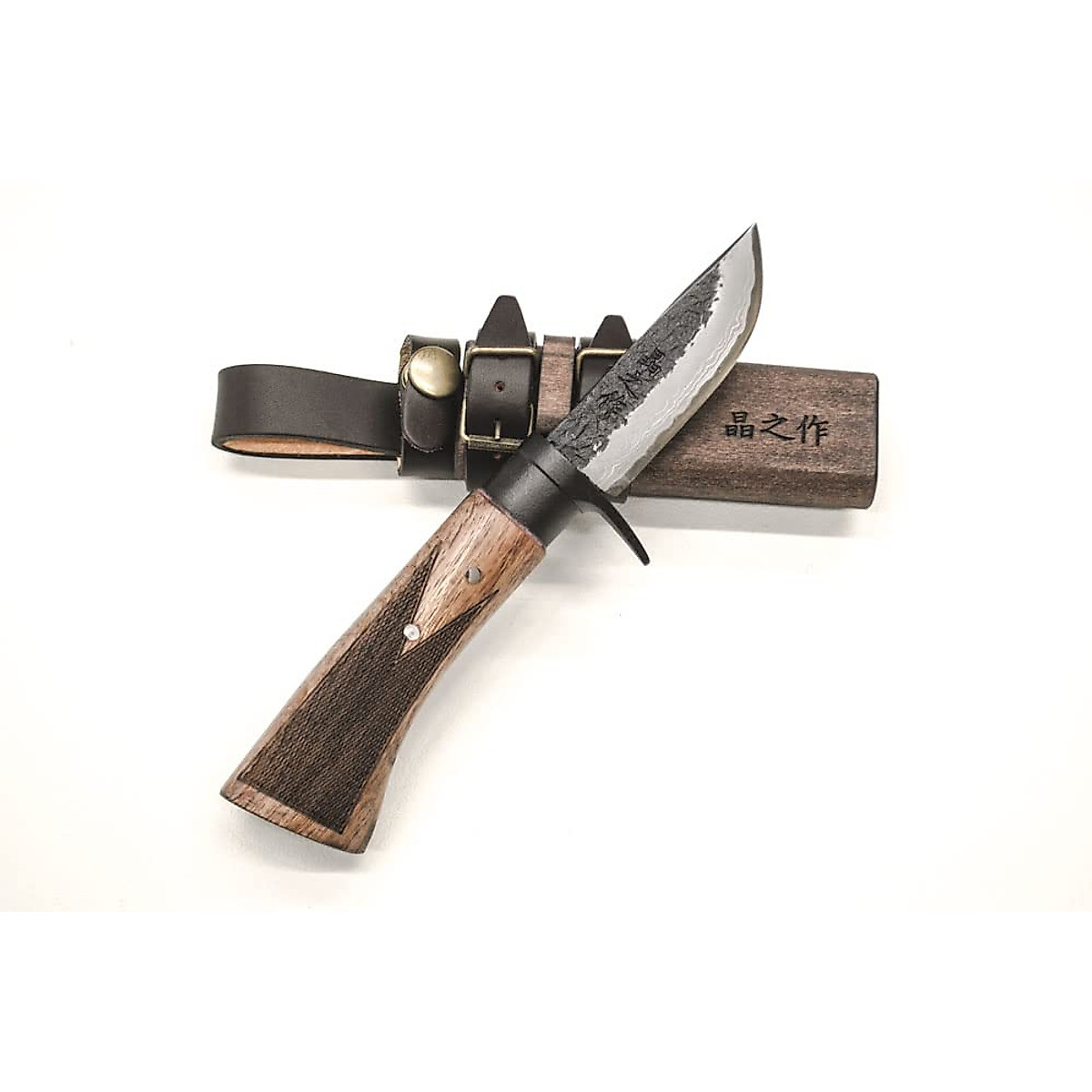 Masano Tosa Forged Damascus Mini Knife bip-811 Sword-shaped Blade Double Edge Blue 2 Damascus Steel Black Hammer Black Guard Wood Handle(Oil Stained) Wood Case(Oil stained) with band Bushcraft