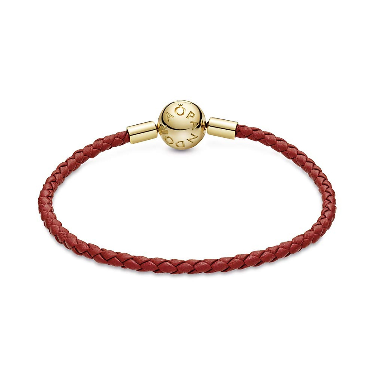 PANDORA Moments Woven Leather Bracelet with 18k Gold-Plated Clasp - Compatible Moments Charms - Charm Bracelet for Women - Features Shine & Leather - Gift for Her - Red, 7.5"