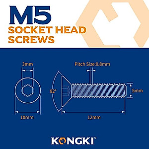 M5-0.8 x 12mm Flat Head Socket Cap Screws, 10.9 Grade Alloy Steel, Allen Socket Drive, Black Oxide Finish, Machine Thread, Quantity 50