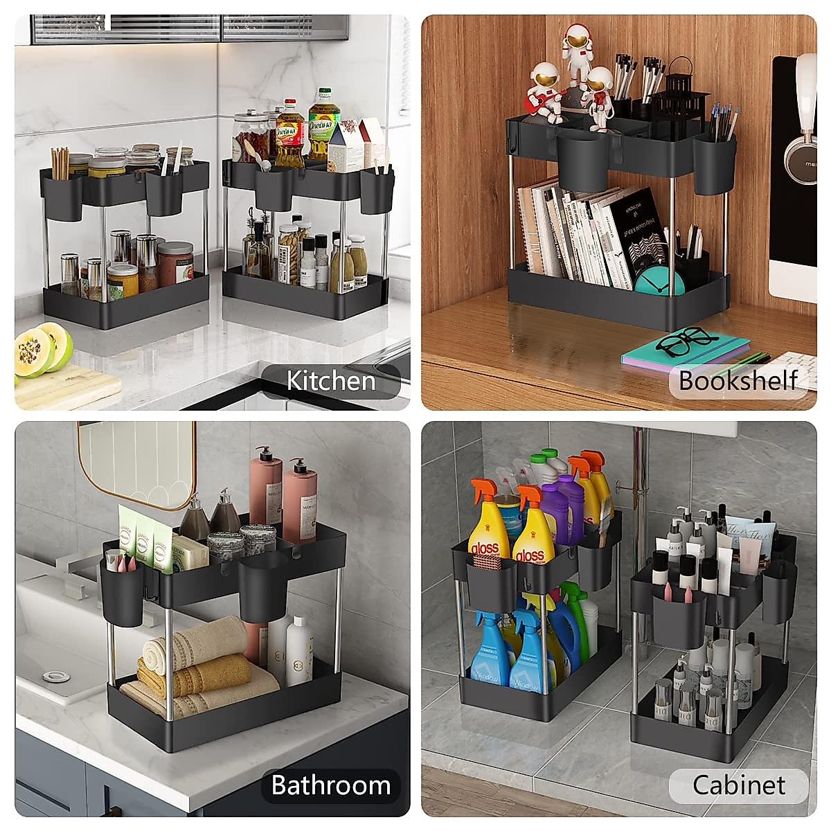 [ 2 Pack ] Under Sink Organizers and Storage, 2 Tier Bathroom Organizer Under Sink Shelf with 4 Removable Dividers , Kitchen Cabinet Storage Caddy Bath Counter Basket with Hooks Dividers Hanging Cups