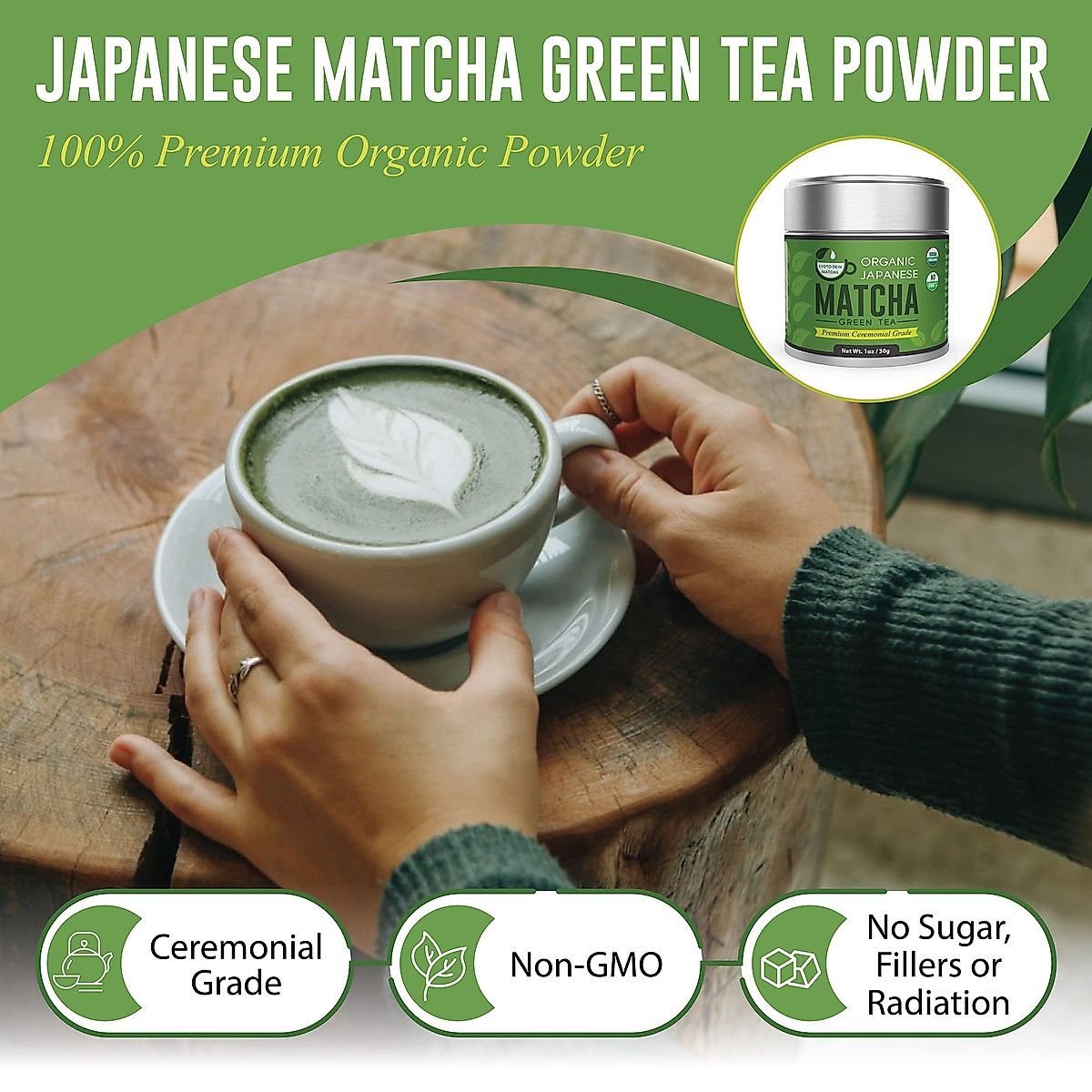 Kyoto Dew Matcha – Organic Premium Ceremonial Grade from Japan Matcha Green Tea Powder – Radiation Free, Non Fillers, Zero Sugar – USDA & JAS Certified Organic 30g (1oz) Tin
