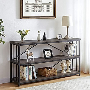 LVB Industrial Console Table, Metal and Wood Sofa Table, Rustic Entryway Table with Storage, Modern 3 Tier Shelf Long Foyer Tables Behind Couch for Home Living Room Hallway, Dark Gray Oak, 55 Inch