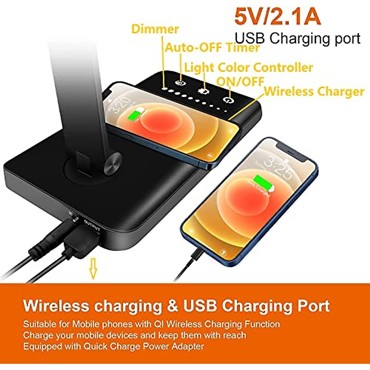 Liquor fragrance LED Desk Lamp with Wireless Charger, Dimmable Office Desk Light with USB Charging Port, 5 Lighting Modes , Touch Control, Auto Timer 30 / 60min, Eye-Caring Table Lamps (Black)