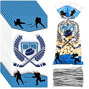 Chinco 50 PCS Hockey Party Cello Bags Hockey Treat Bags Goodie Sports Treat Bags for Hockey Party Favors Supplies with Gold Twist Ties