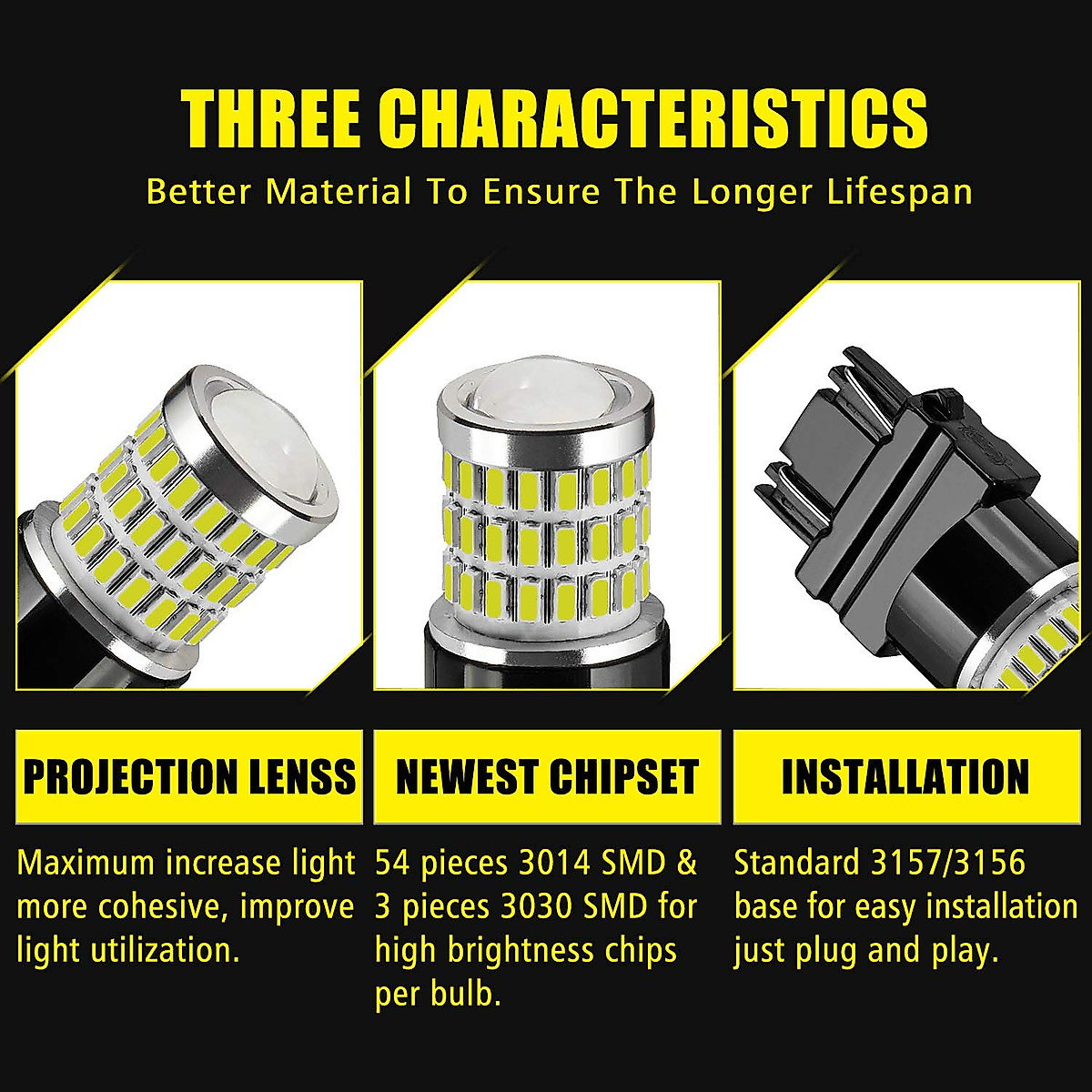 AUXLIGHT 3157 3156 3057 4157 3157K LED Bulbs Xenon White, Ultra Bright 57-SMD LED Replacement for Back Up/Reverse Lights, Brake/Tail Lights, Turn Signal/Parking or Running Lights (Pack of 2)