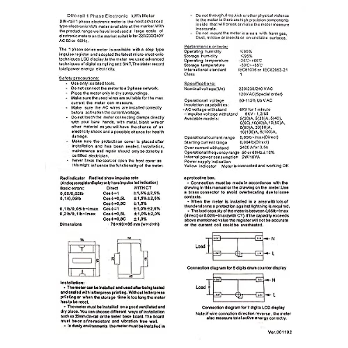 Baomain DDS238-4 (30-100) Single Phase DIN-Rail Kilowatt Hour kwh Meter 220V 100A