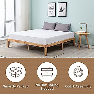 wonline Wood Platform Bed Frame Solid Wood Foundation No Box Spring Needed Wooden Slat Support Oak Wood Natural Finish Home Bedroom Furniture Platform Base