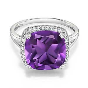 Gem Stone King 10K White Gold Purple Amethyst and White Created Sapphire Engagement Ring For Women (6.74 Cttw, Cushion Cut 12MM, Gemstone Birthstone, Available In Size 5, 6, 7, 8, 9)