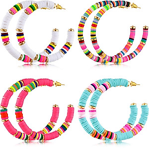 4 Pairs Heishi Hoop Earrings Rainbow African Vinyl Disc Bead Earrings Colorful Heishi Beaded Open Hoop Earring for Women (Fresh Style)