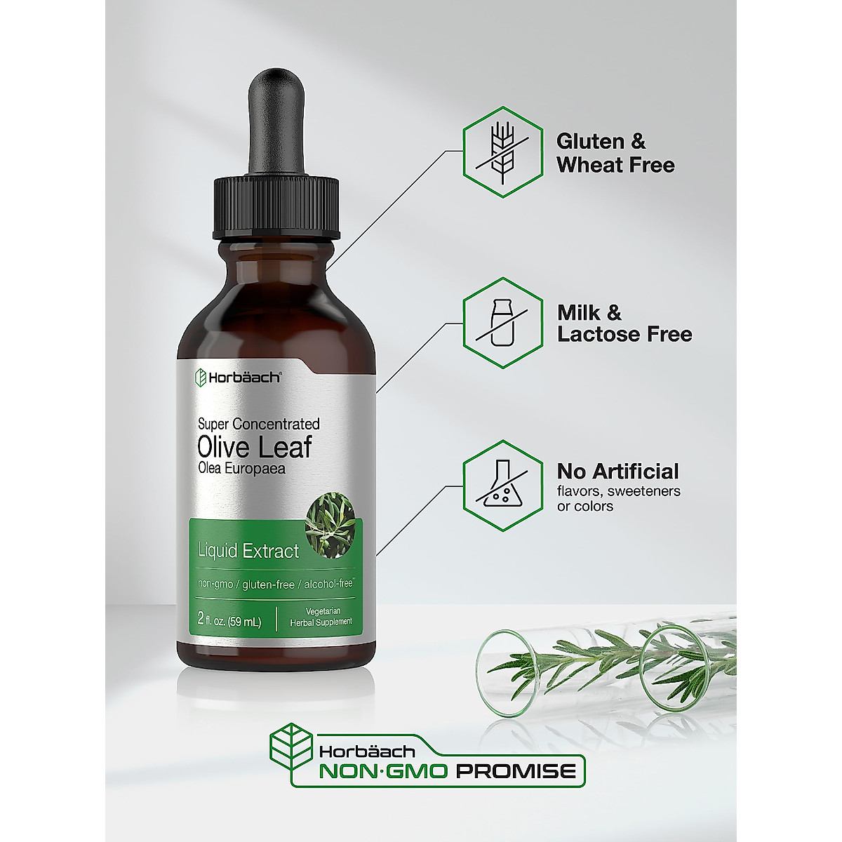 Horbäach Olive Leaf Extract Liquid | 2 fl oz | Vegetarian Drops | Alcohol Free, Non-GMO, Gluten Free Supplement