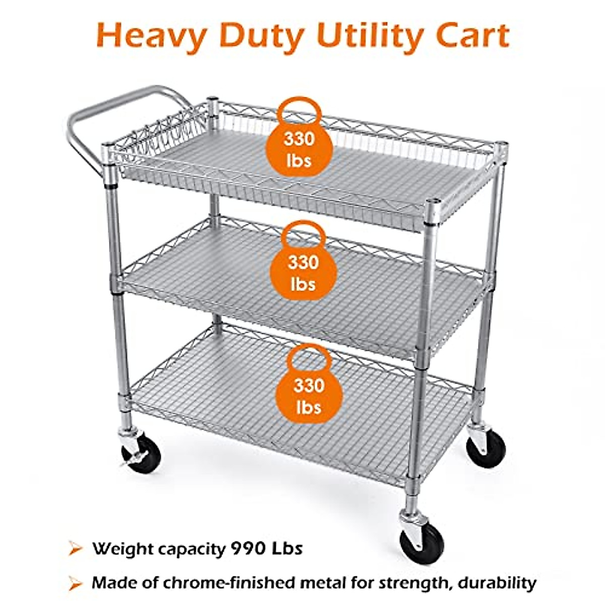 WDT Heavy Duty 3 Tier Rolling Utility Cart, Kitchen Metal Utility Carts with Handle Bar, Utility Shelf Plant Display Shelf Food Cart Storage Trolley with Wheels, Silver