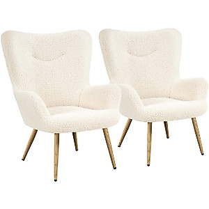 Yaheetech Boucle Accent Chair, Modern Fluffy Sherpa Armchair with High Back and Wood-Tone Metal Legs, Fuzzy Barrel Chair for Living Room Bedroom Home Office, Ivory, 2pcs