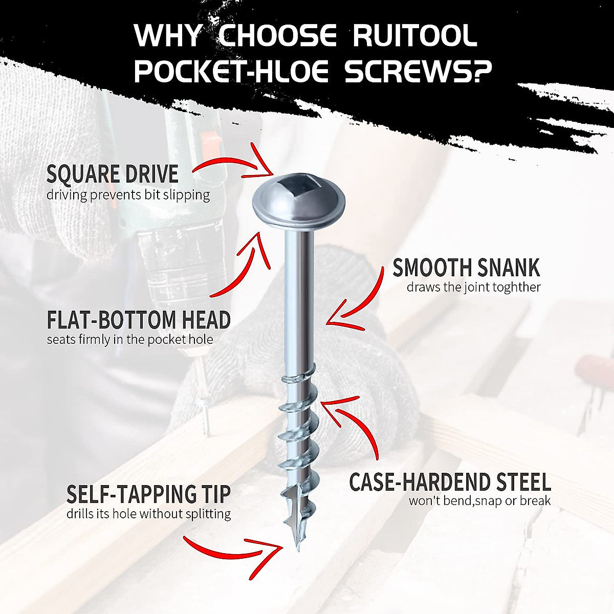 Ruitool Pocket Hole Screws #8 x 1-1/4" Square Drive Coarse-Thread Zinc Coated Self-Tapping Wood Screws 150ct. for Woodworking Tools…
