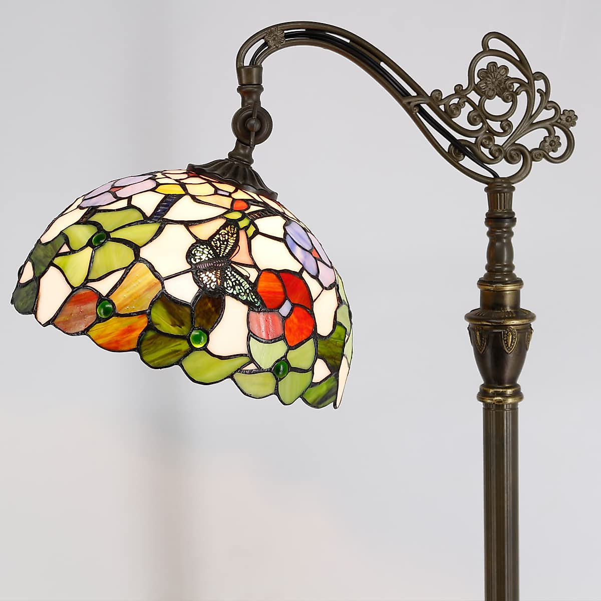 ZJART Tiffany Floor Lamp Stained Glass Dragonfly Arched Gooseneck Antique Reading Light Angle Adjustable 12X18X65 Inches Bronze Finsh Bright Decor Corner Living Room Bedroom Office