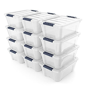 Giantex 12 Pack Storage Bins with Lids, 12.7 Qt. Storage Box, Stackable & Nestable Shoe Box, Tote Boxes, Closet Organization Container with Secure Latching Buckles, Classroom Art Supplies Storage, Clear