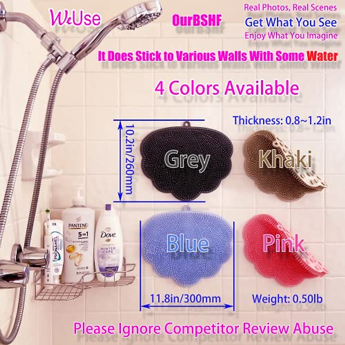 WeUse OurBSHF Back Scrubber Hands-Free for Shower. Easy to Clean Big Flat Silicone Back Washer Foot Massager Body Brush Replace Loofah Sponge. Stick to Wall to Scrub, Hang on Hook to Dry (Grey)