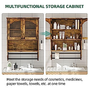 YITAHOME Bathroom Cabinet Wall Mounted Medicine Cabinet Organizer, Bathroom Storage with 2 Towel Hooks, Paper Towel Holder and Adjustable Shelf for Living Room Laundry Bedroom, Brown