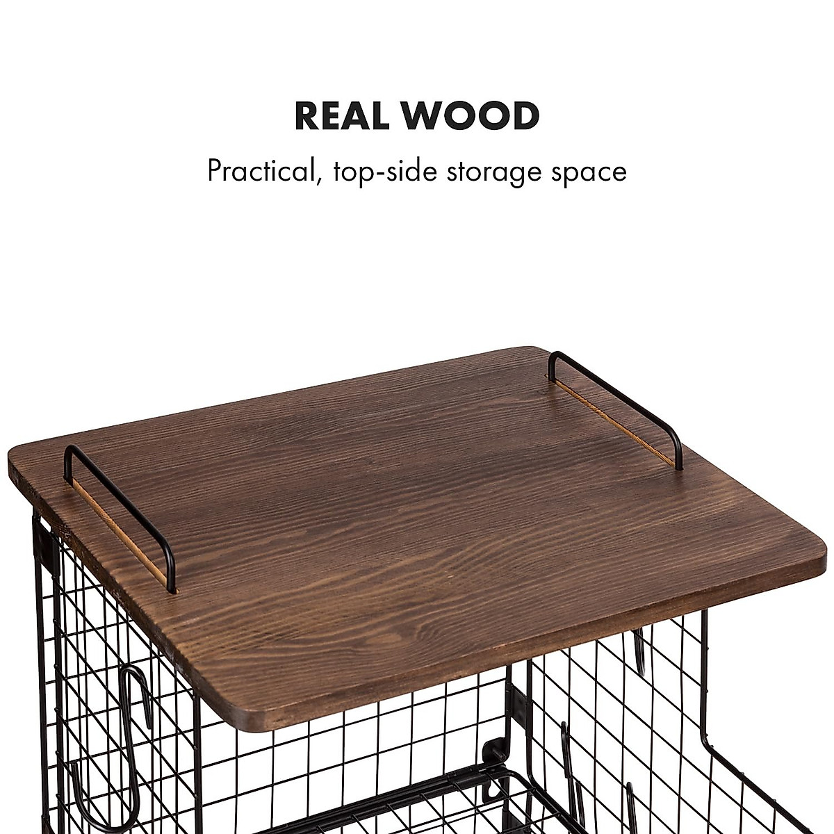 Granrosi 3 Tier Fruit Basket Stand for Kitchen Floor & Pantry — Stackable Rolling Fruit Cart & Vegetable Rack on Wheels; Produce Cart with Wooden Tabletop; 3 Tier Wire Basket Stand