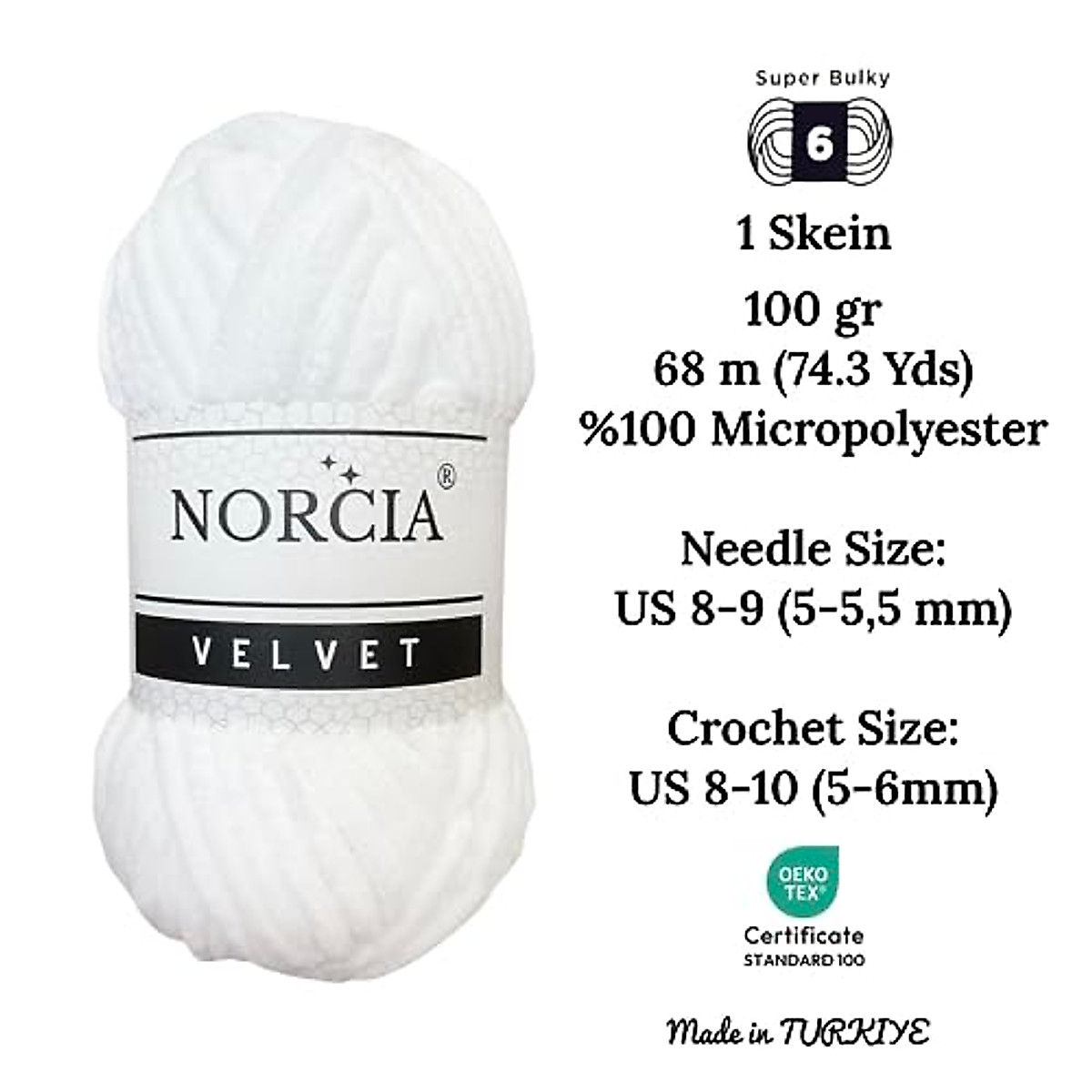 NORCIA, Soft Velvet Yarn Chenille Yarn for Crocheting Super Bulky 100g (74.3 yds) Baby Blanket Yarn for Knitting Amigurumi Yarn Fancy Yarn for Crochet Weaving Craft (White)