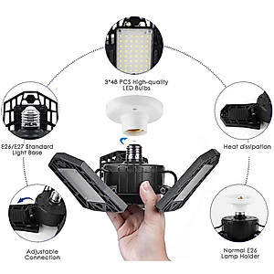 KONPWAY Deformable LED Garage Light - 6000 Lumen 2800K Warm Light 60W, Three Leaf Garage Organization Ceiling Lighting 2-Pack