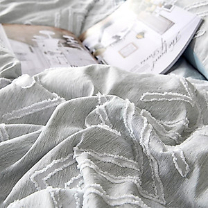 Boho Tufted Duvet Cover Set Full Queen Dusty Blue, Shabby Chic Diamond Rhombus Geometric Chevron Linen Textured Bedding Duvet Cover Set 90x90 Soft Microfiber Farmhouse Comforter Cover with Pillowcase