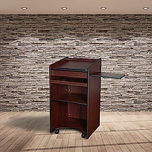 OEF Furnishings Mobile Floor Lectern with Side Shelf And Keyboard Tray, Mahogany
