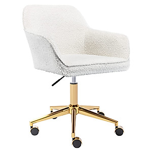 Zesthouse Modern Desk Chair with Wheels, White Swivel Vanity Chair for Girls Women, Upholstered Home Office Chair Boucle Armchair for Bedroom, Height Adjustable Computer Task Chair, Gold Base