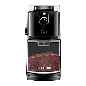 Chefman Coffee Grinder Electric Burr Mill - Freshly Grinds Up to 2.8oz Beans, Large Hopper with 17 Grinding Options for 2-12 Cups, Easy One Touch Operation, Cleaning Brush Included, Black