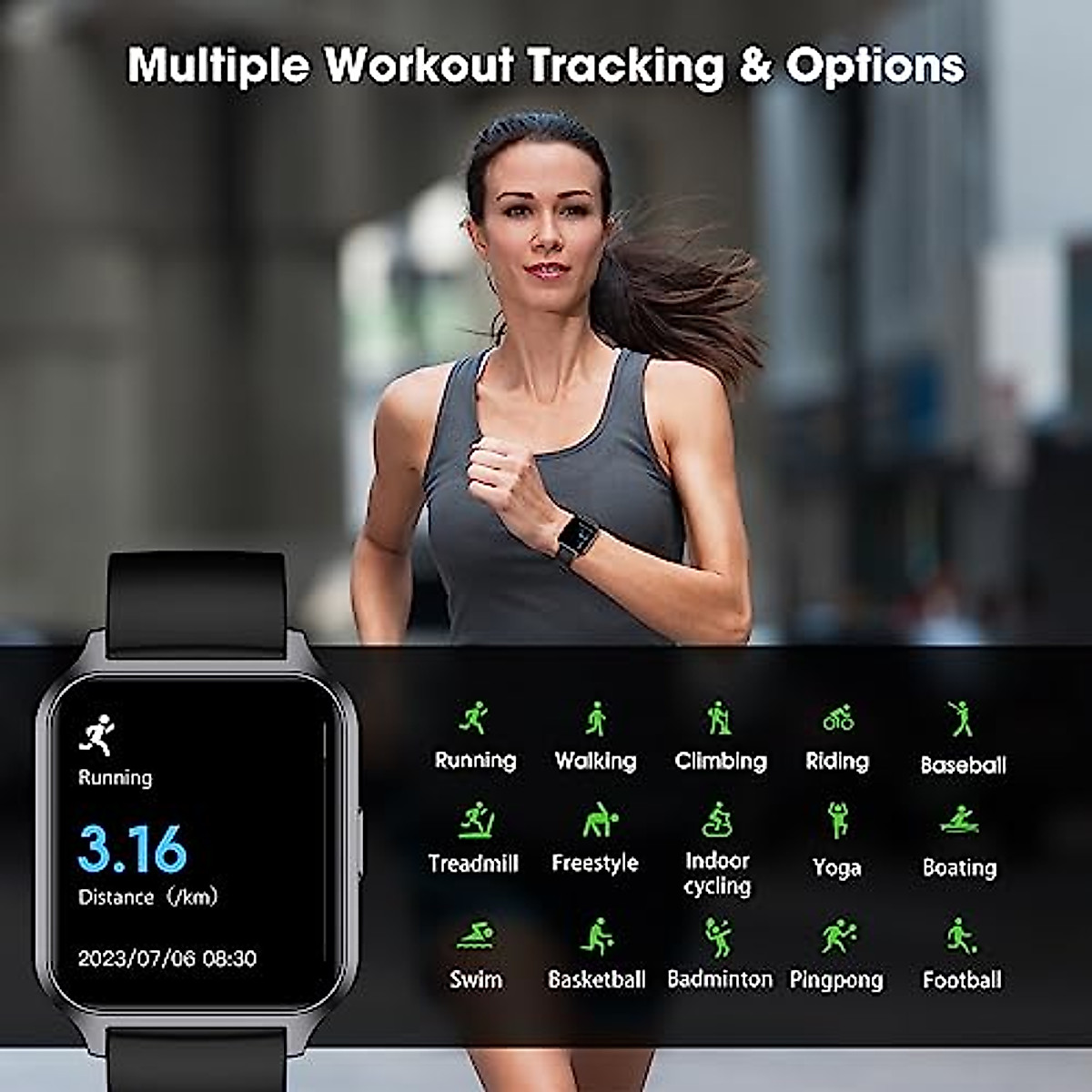 Pautios Smart Watch, 42mm Full Touchscreen Fitness Watch, Fitness Tracker with Heart Rate Monitor & SpO2, Step Counter, IP68 Waterproof Pedometer Watch for Women Men