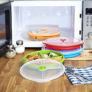 Home Products Essentials 2 Pack- Microwave Food Storage Travel Tray Containers - Portion Control - 3 Section Compartment Divided Plates with Vented Lid For Easy Reheat - (2, Red)
