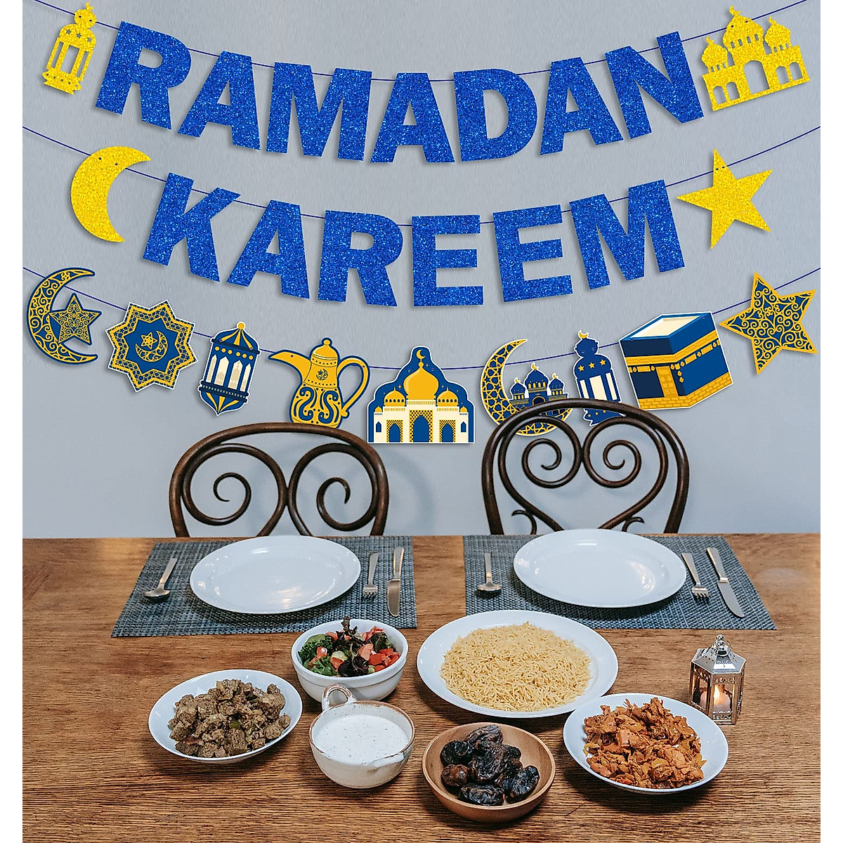 JKQ Blue Glitter Ramadan Kareem Banner and Lantern Star Moon Castle Pattern Banner Muslim Ramadan Mubarak Garland Banner Islamic Eid Mubarak Festival Celebration Party Fireplace Decorations