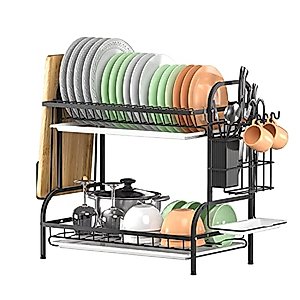 Boiarc Dish Drying Rack, 2 Tier Dish Rack for Kitchen Counter with Drainboard and Utensil Holder, Large Dish Drainer for Small Kitchen - Black