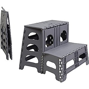 Bee Neat Folding 2 Step Stool for Adults - Collapsible & Foldable Step Ladder for Office, Garage, Closet, Bathroom - Non-Slip & Wide Stepping Stool Supports 300lbs - Industrial - Gray