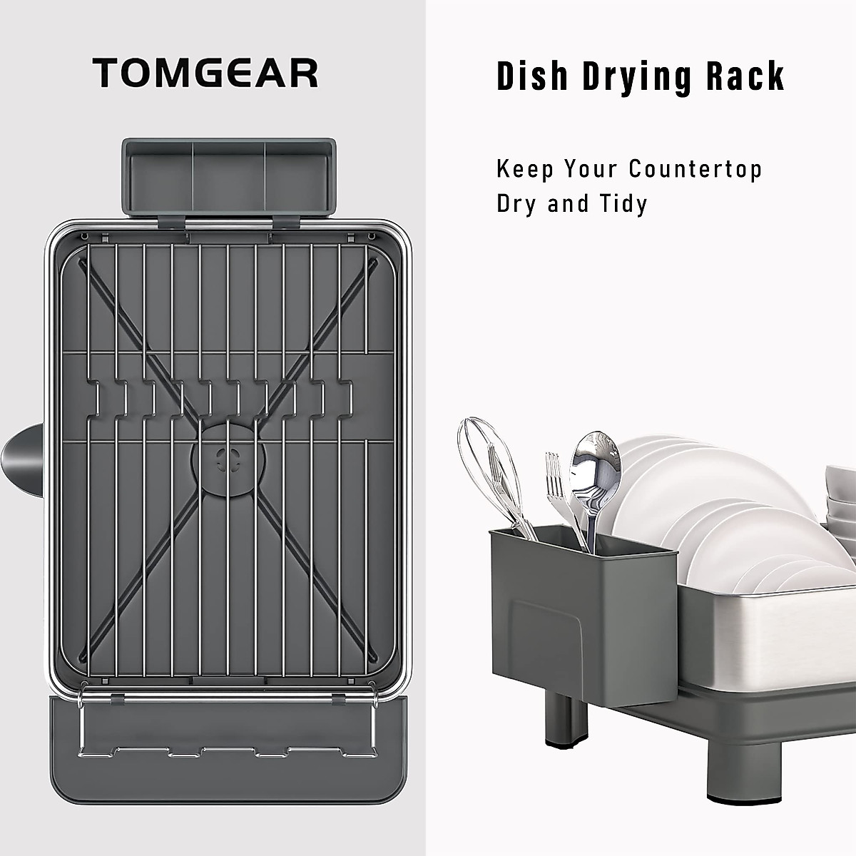 TomGear Large Dish Drying Rack, Dish Drainers with 360°Rotatable Spout, Cup Holder, Utensil Holder and Removable Drainboard, Space-Saving Dish Drainers for Kitchen Counter