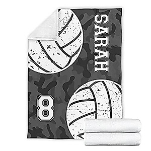 Custom Gift for Black Camo Pattern Volleyball Ball Personalized Name Number Premium Quality Sherpa Fleece Throw Blanket 3D Printed Warm Fluffy Cozy Soft Tv Bed Couch Comfy Microfiber Velvet Plush