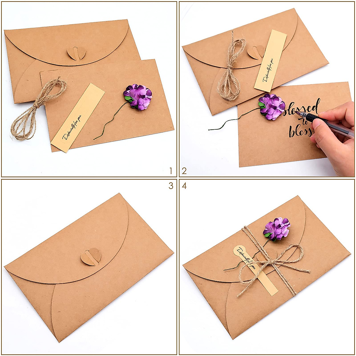 JJYHEHOT 12 Packs Dried Flowers Greeting Card with Envelopes, Brown Retro Kraft Holiday Gift Card, DIY Invitation Wish Card Note Card Thank You Card for Birthday Christmas