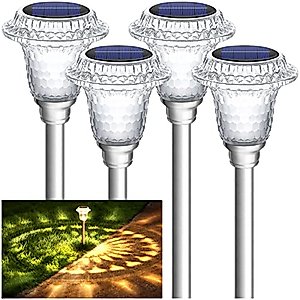 DenicMic Solar Outdoor Lights 4 Pack Garden Pathway Lights LED Landscape Lights Waterproof Stainless Steel Glass Yard Stake Walkway Lighting for Sidewalk, Driveway, Lawn, Patio (Warm White)