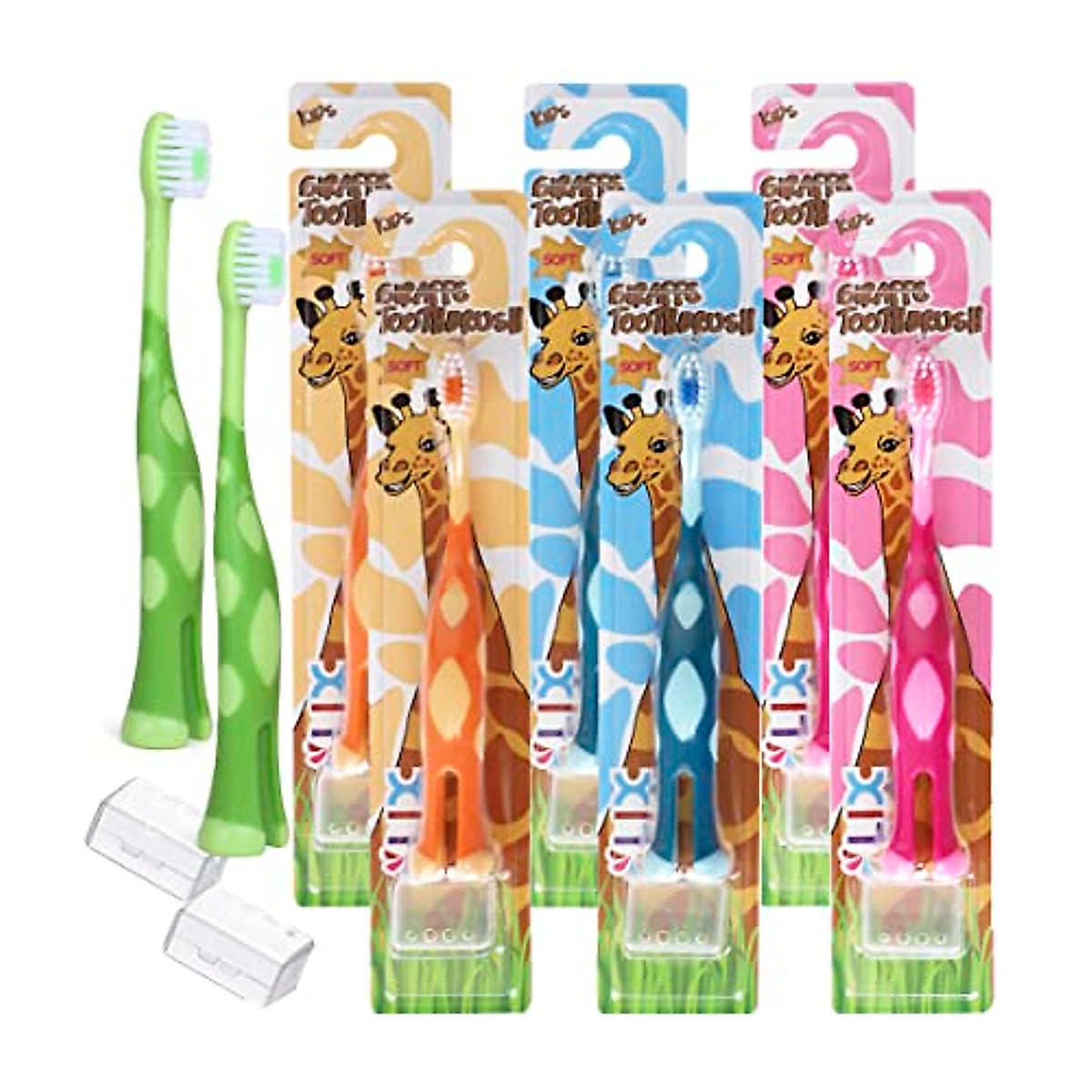 55Dental Kids Toothbrush Set of Soft Giraffe Toothbrush for Kids 3-9. Easy-Grip, Bristle Cover, Self-Standing & Splited Bottom for Cup Rim. by Lix, 4 Colors