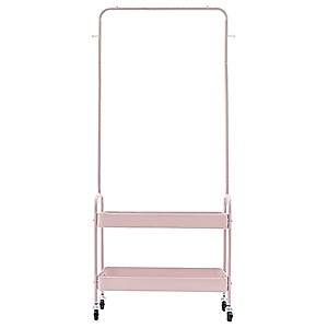 2-Tiers Clothes Rack Freestanding Clothing Garment Rack with Metal Basket Rolling Storage Clothes Shelves Portable Organizer Coat Rack for Entryway Home Bedroom Laundry Small Place (Pink)