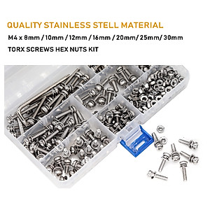binifiMux 240pcs M4 Torx Pan Head with Pin Security Combine Screws with M4 Hex Nuts Assortment Kit, 304 Stainless Steel, M4 x 6mm/ 8mm/ 12mm / 14mm / 18mm