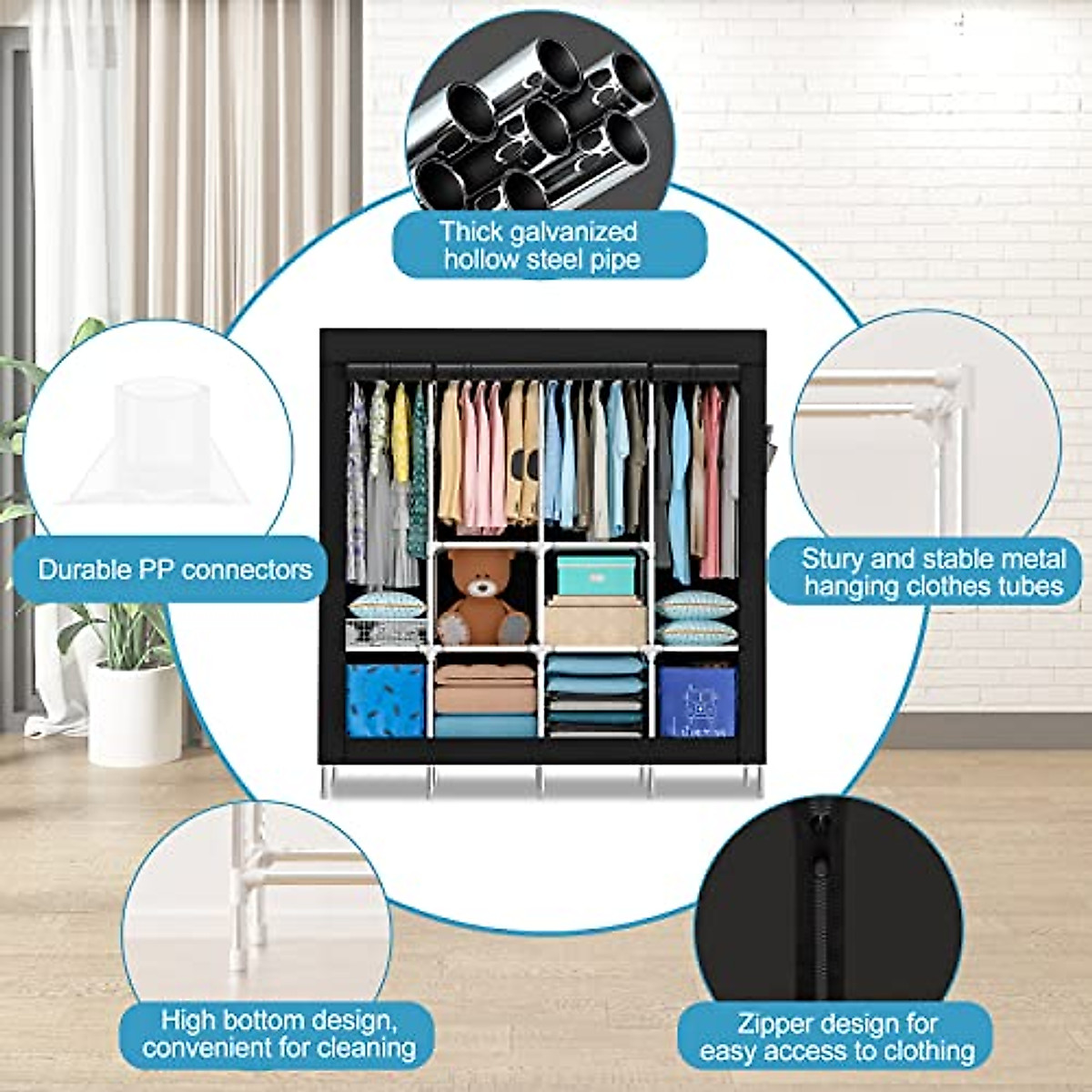 Mihoho Portable Wardrobe, 67 Inch Closet for Hanging Clothes, Metal Clothing Rack Organizer, Free Standing Wardrobe with Black Oxford Fabric Cover, 67" WX65 HX17.7 D (Classic Black, King-Size)