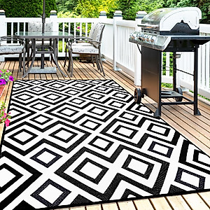 DiiKoo Outdoor Rug Mat for Patio, 5x8ft Waterproof Reversible Plastic Straw Rugs, Camping Carpet Area Mats for RV, Porch, Deck, Backyard, Balcony, Camper, Picnic, Beach, Trailer, Black & White