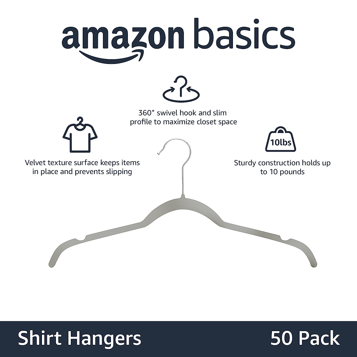 Amazon Basics Slim, Velvet, Non-Slip Shirt Clothes Hangers, Gray/Silver - Pack of 50
