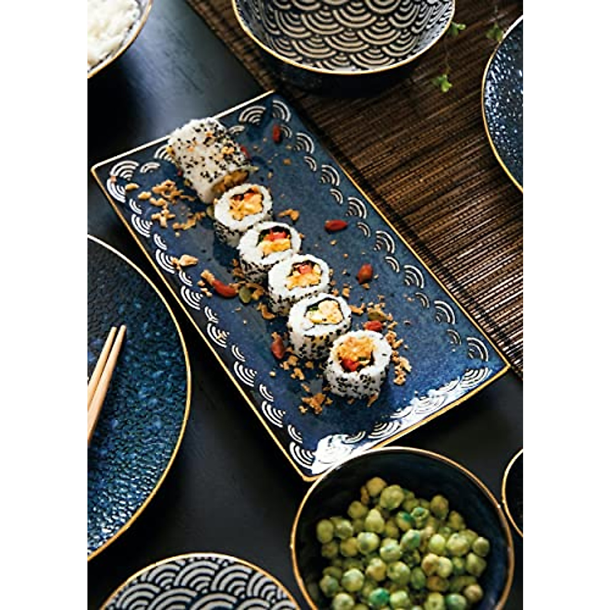Mikasa Satori Japanese Serving Platter with Wave Pattern Border and Real Gold Rim, Porcelain, Indigo Blue/White, 15.5 x 28 cm