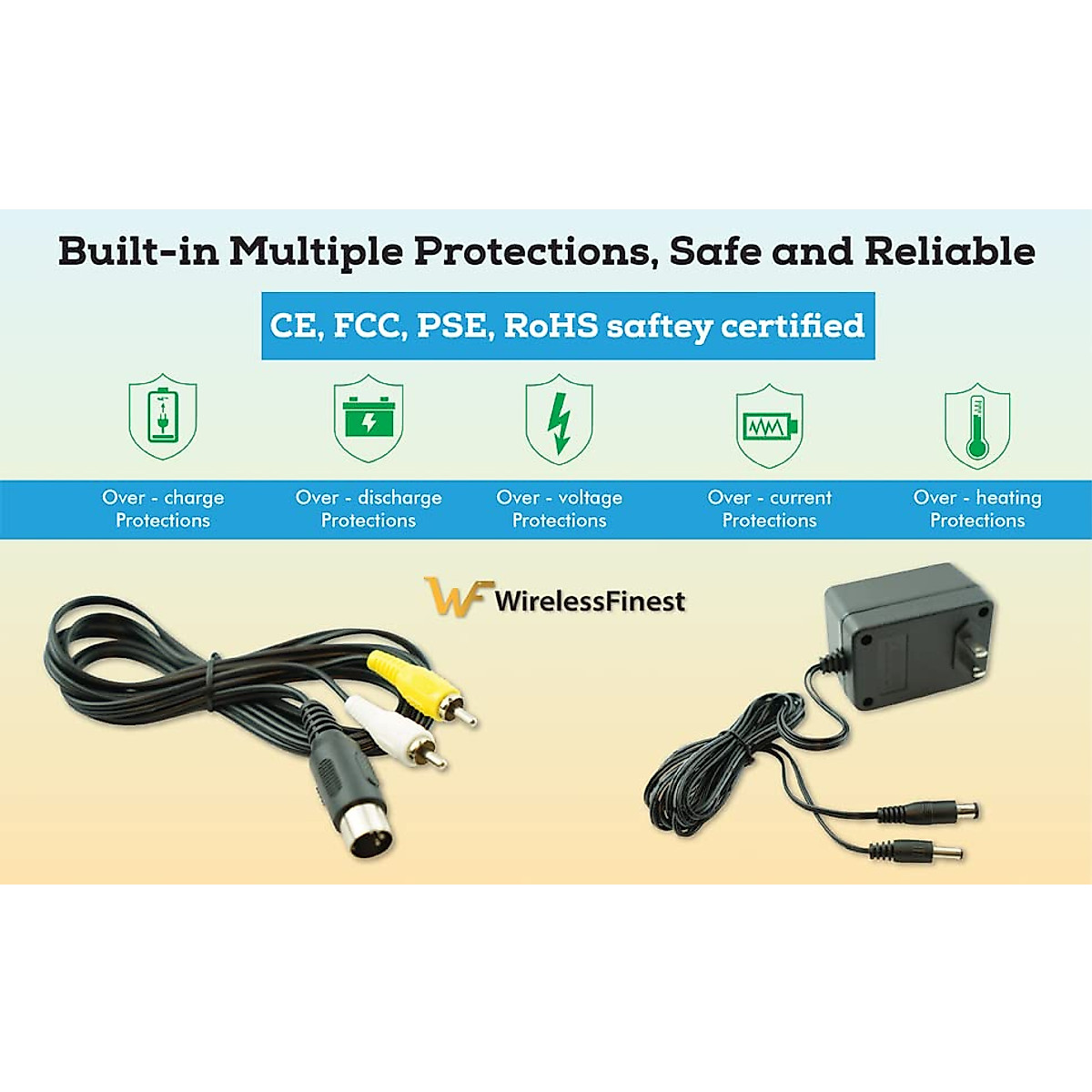 WirelessFinest Audio Video RCA AV Cable Adapter Cord + AC Power Supply To External TV Screen Monitor For SEGA Genesis 1 Original MK1601 First 16 Bit Version ONLY Gaming Systems Console Game Bundle Set