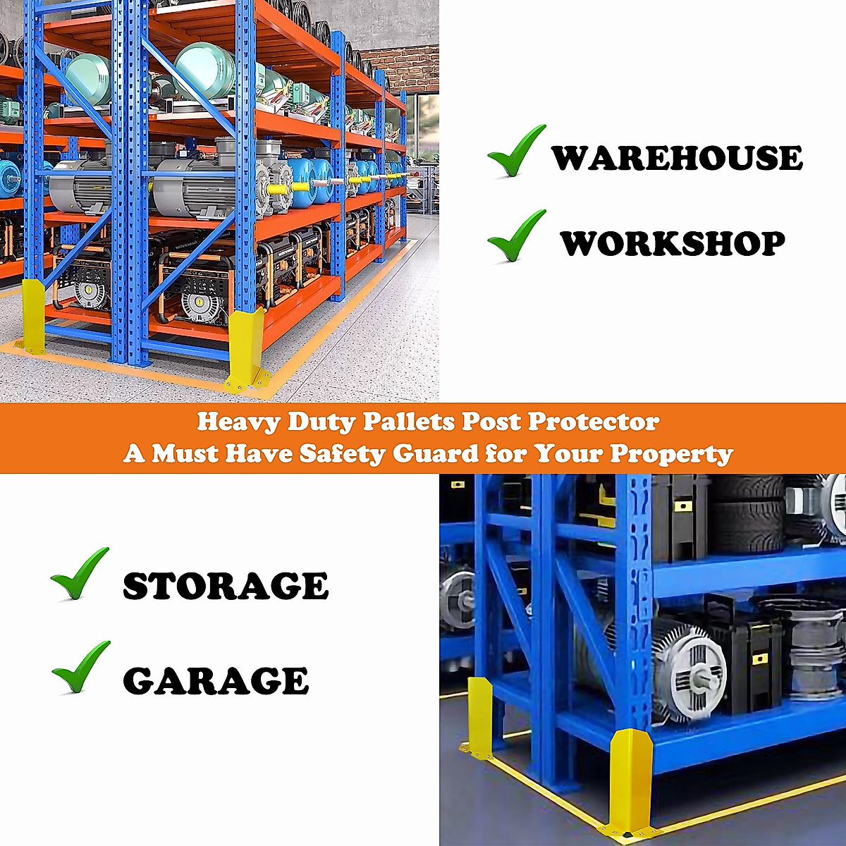 Pallet Rack Post Protectors 12" Height Steel Pallet Rack Guard, Safety Yellow Pallet Edge Protectors (2 Packs)