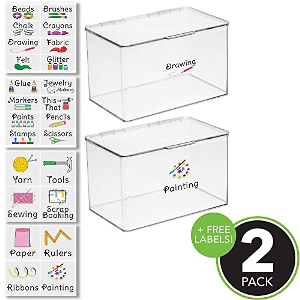 mDesign Small Plastic Stackable Lidded Craft Storage Box - Stacking Container Bin Tubs with Labels for Hobby, Crafts, and Organizing Art Supplies - 2 Bins + 32 Printed Labels - Clear